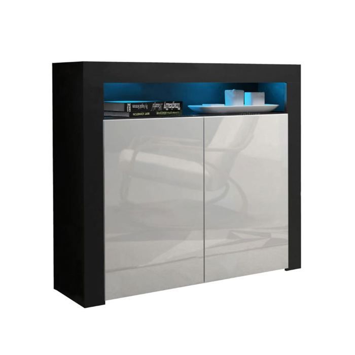 Buffet bahut brillant Blanc Spider illuminé LED 107 cm Caisson Noir MAT ...