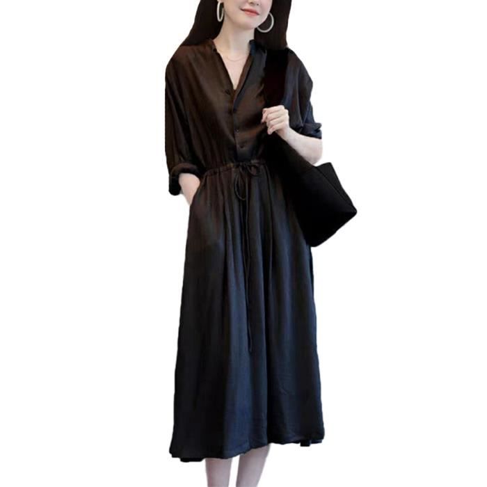 Femme Robe en Coton et Lin A-Line Robe de Loisir Maxi Robe Manches ...