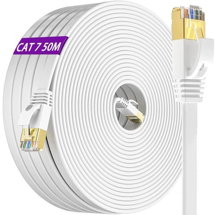 Cable Ethernet 50m Cat 7, Cable Rj45 50 Mètres Blindé Exterieur Cable Réseau Plat Cable Lan Haut ...