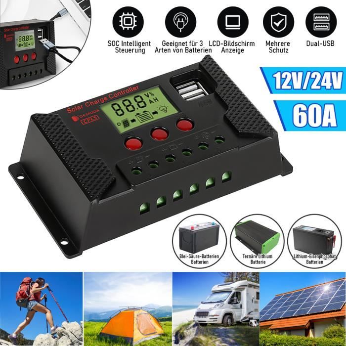 60A 12V-24V Régulateur de charge solaire Contrôleur USB Digital Panneau solaire - Cdiscount ...