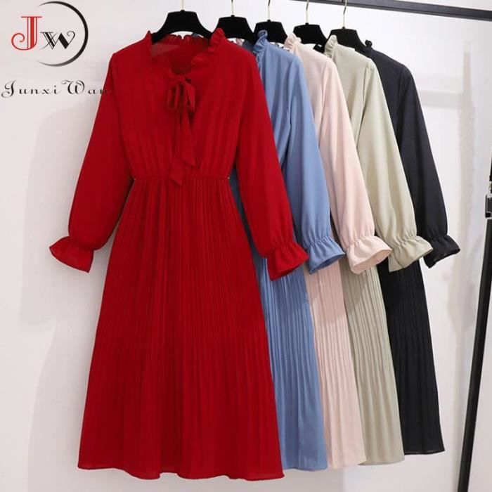 Robe,2021 couleur unie longue femmes robe Vintage élégant nœud col ...