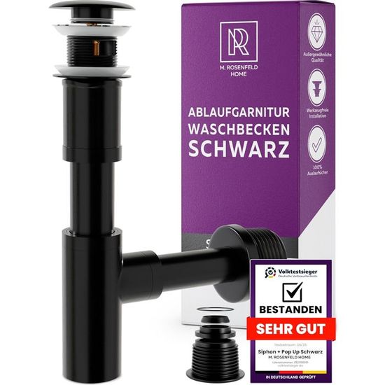 Siphon de lavabo design noir avec trop-plein, valve pop-up pour lavabo ...