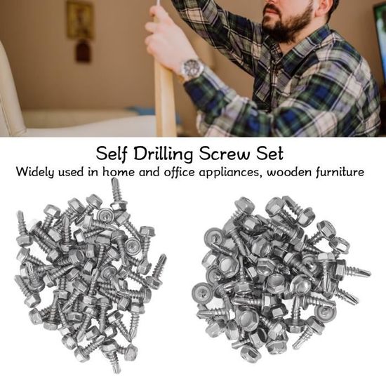 LAM-Assortiment de vis autoperceuses Assortiment de 100 vis autoperceuses à tête hexagonale en ...