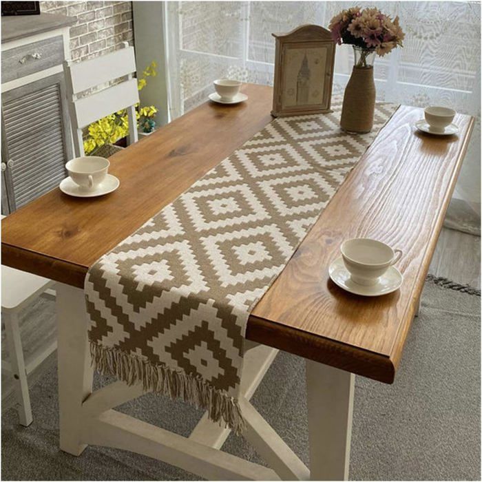 Chemin Table Beige Marron Chemins de Table Coton et Lin Motif de Puzzle ...