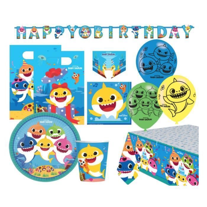 Amscan ( cde 8 )Kit bébé shark 56 pièces Vaisselle jetable & décoration ...