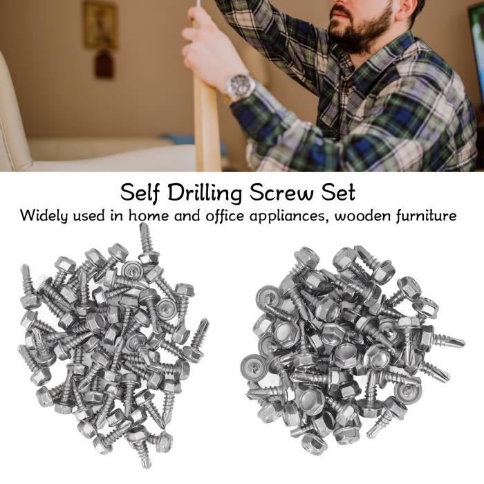 LAM-Assortiment de vis autoperceuses Assortiment de 100 vis autoperceuses à tête hexagonale en ...