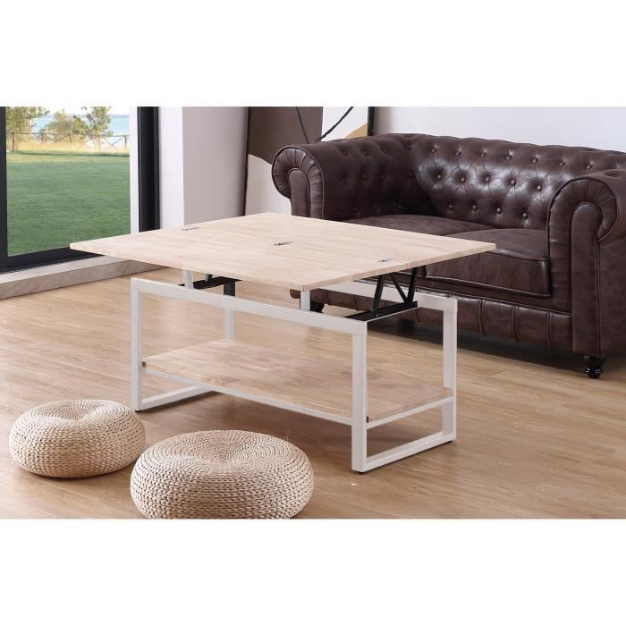 Table basse relevable et extensible en bois de chêne avec pied en métal blanc-Longueur 100 x ...