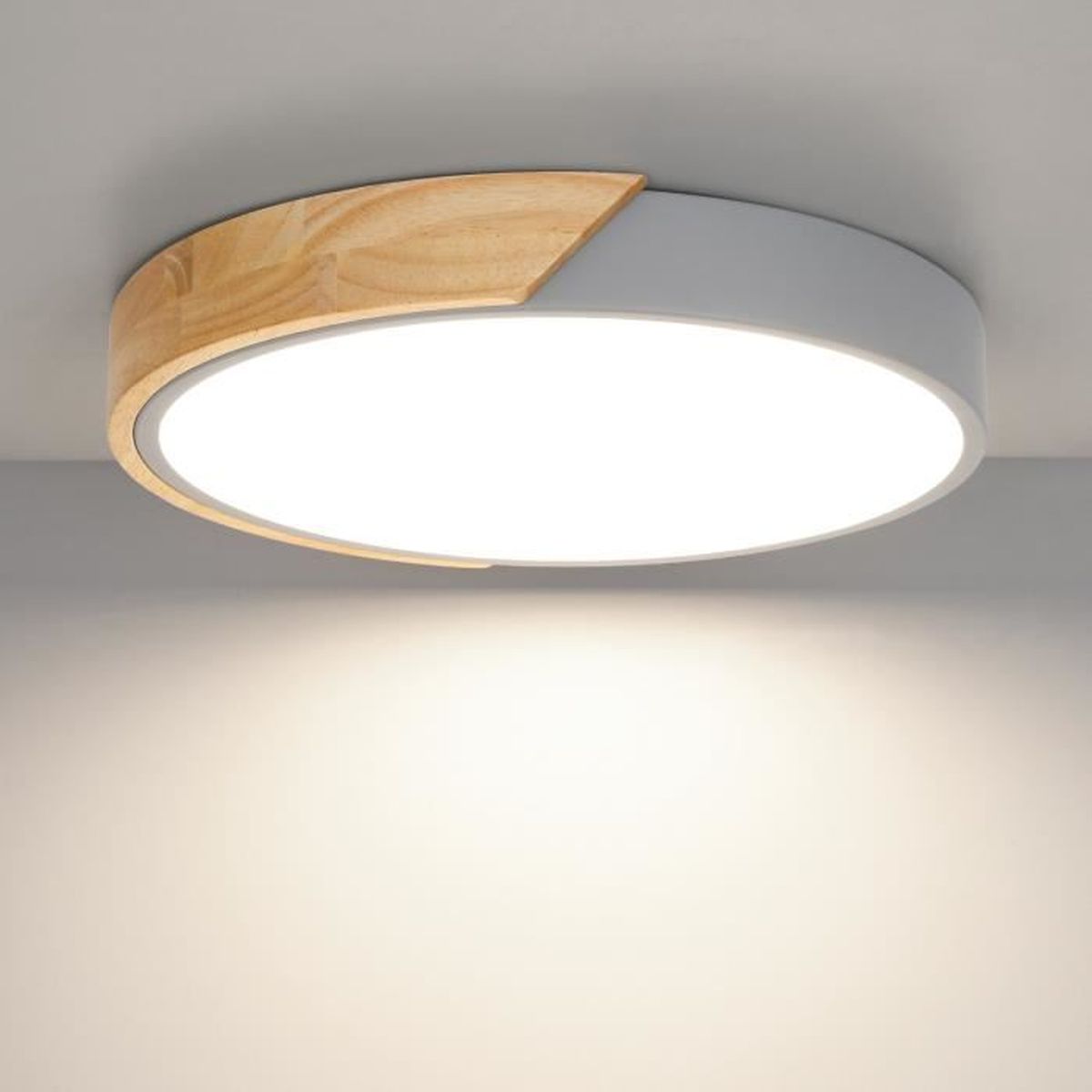 Plafonnier LED Bois Rond LED Plafonnier 24W 2400LM Gris Lampes de ...