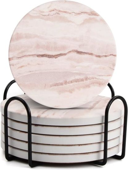 Dessous de Verre en Marbre, Lot de 6 sous Verre Absorbante avec Support en Métal, Dessous de ...