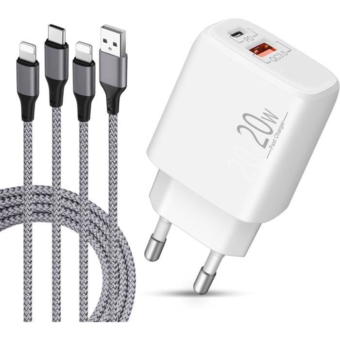 Chargeur iPhone 20W et 2X Câble 2m, Adaptateur Secteur 2 Ports avec ...