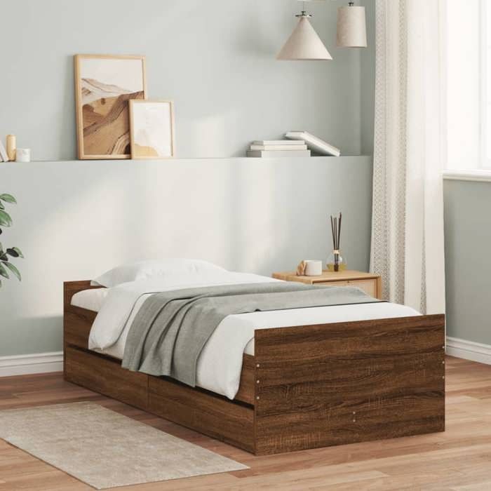 CHIC Lit Single 1 Place Cadre de lit avec tiroirs chêne marron 100x200 ...