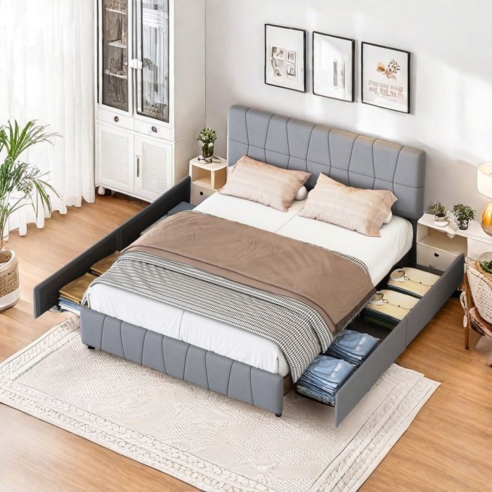 Lit double en tissu velours,cadre de lit avec rangement, lit adolescent ...