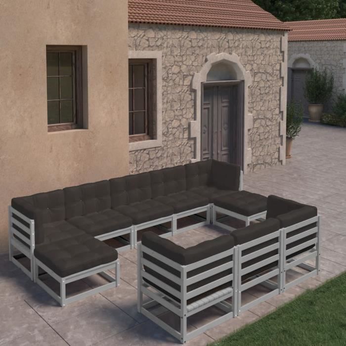 MOO Salon de jardin 10 pcs avec coussins Gris Bois de pin massif ...