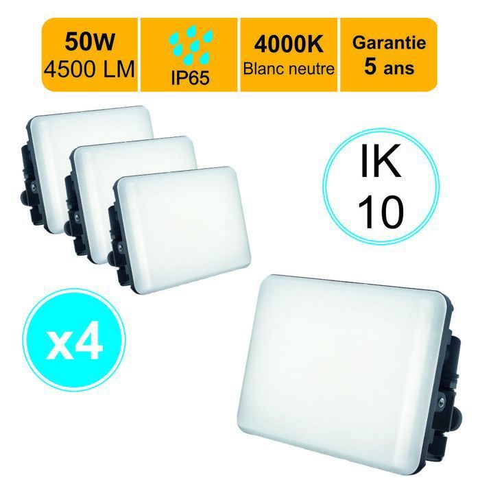 Lot de 4 projecteurs LED 50W/IP65/IK10/4500lm/4000K connexion directe ...