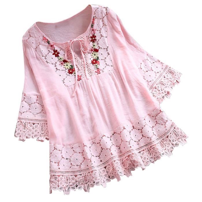 Chemise,Tunique en coton et lin pour femmes, manches 3-4, chemisier ...