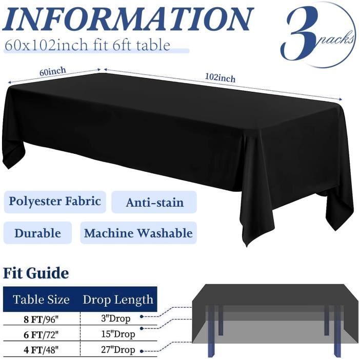 3 Packs Nappe Rectangulaire Blanche En Polyester 60 X 102 Pouces, 6Ft ...
