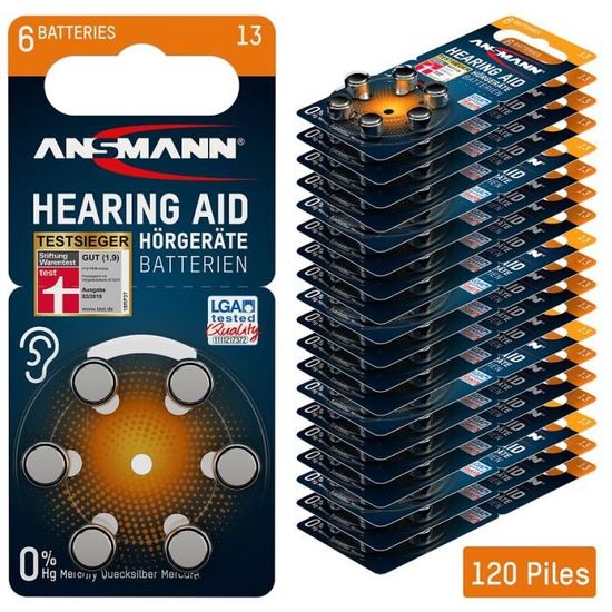 ANSMANN piles auditives taille 13 / PR48 - 120 piles zinc-air pour aides auditives - orange ...