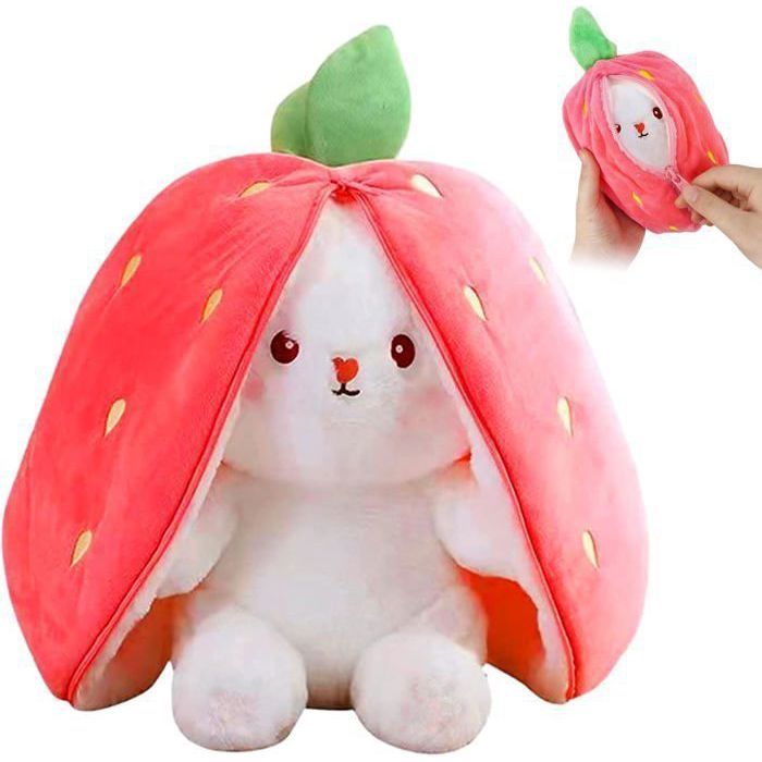 Rose Doudou Lapin de Pâques, 25cm Douceur Fraises Peluche Poupée Lapins À Cache-Cache Oreiller ...
