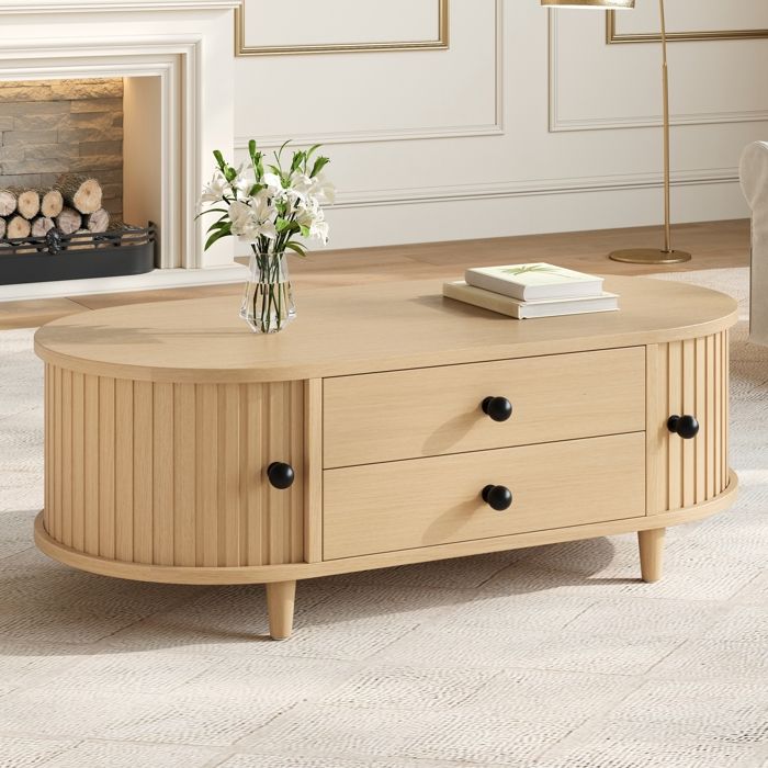 Table Basse Ovale, Table de Salon avec 2 Tiroirs et 2 Porte Coulissante ...