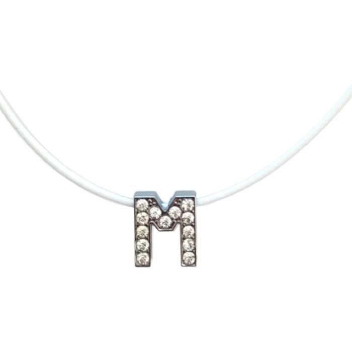Collier Initial - Lettre M - Strass - Cordon Blanc en Similicuir - Idée ...