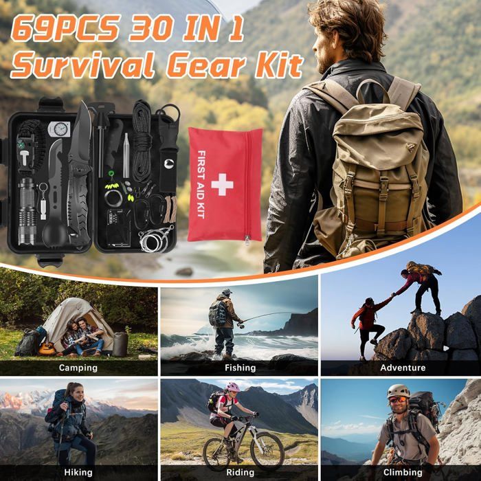 69 en 1 Kit de Survie d'urgence en Plein Air,Sac de Survie Complet,Kit de Survie Complet avec ...