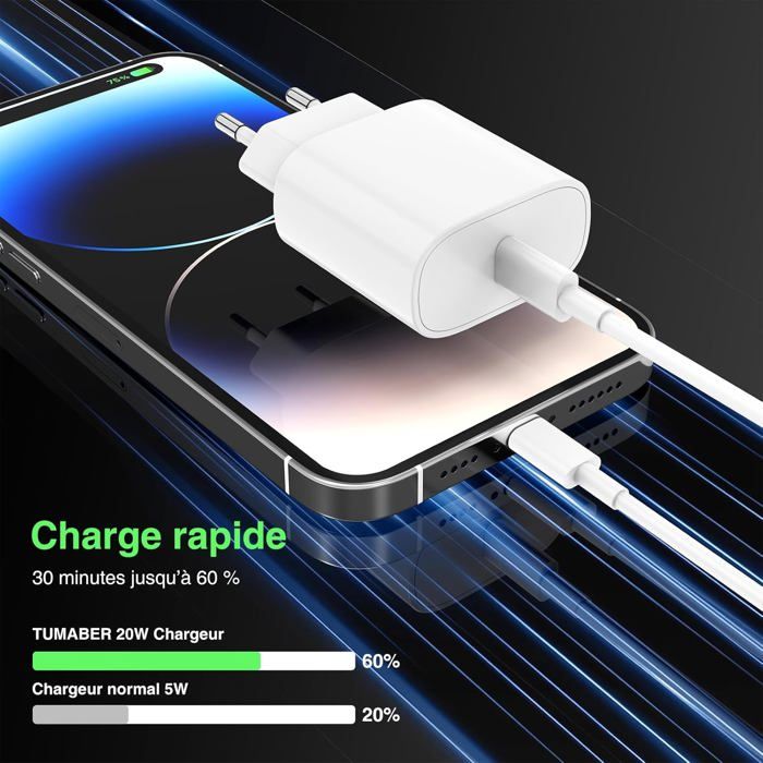 20W Chargeur USB C avec câble avec Cable 2m USB C to C pour Apple ...