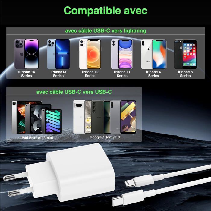 20W Chargeur USB C avec câble avec Cable 2m USB C to C pour Apple ...