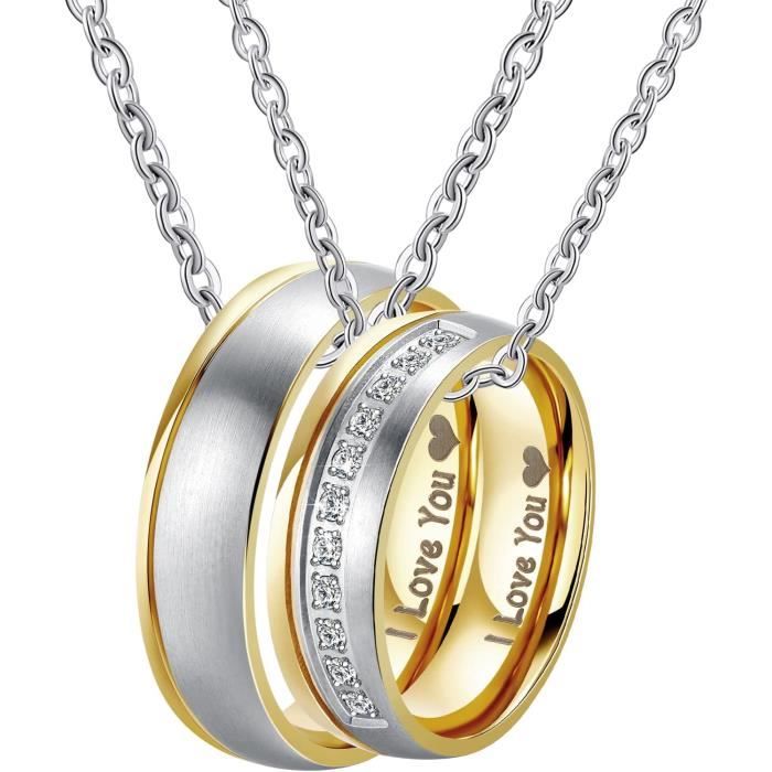 Collier Couple Pour 2 - I Love You Gravure Bague Avec Pendentif Or ...