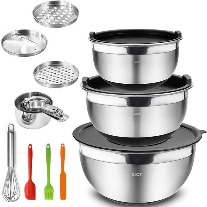 Bol Inox Saladier Inox avec Couvercle avec Cuisine Accessoire Base en Silicone Antidérapante ...