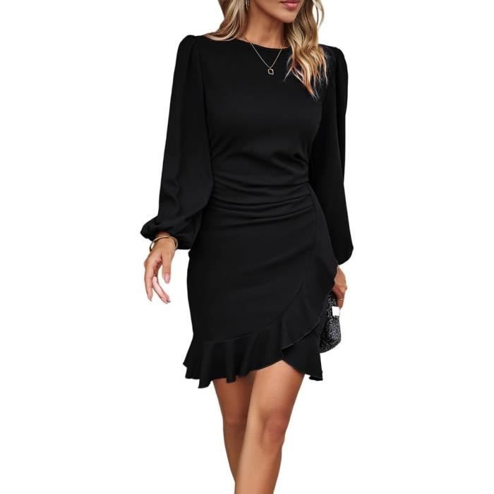 Robe Femme Manches Longues à Ourlet Volanté Elegant Bodycon Sexy Chic ...