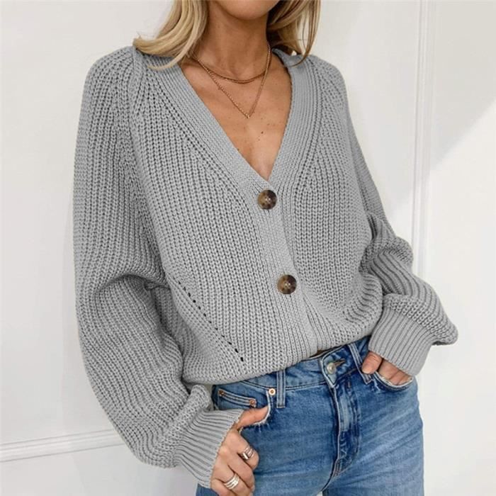 PULL,Cardigan tricoté à manches longues et col en v pour femme ...