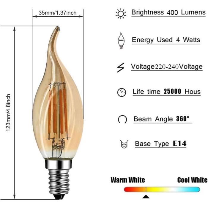 10X Ampoule Led E14 Flamme Vintage Bougie 4W Blanc Chaud 2700K,Equivalence Incandescence 40 W,Ac ...