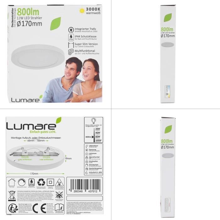 LED plafonnier 12W | Extra plat | 800lm | Ø170mm Rond |remplace env ...