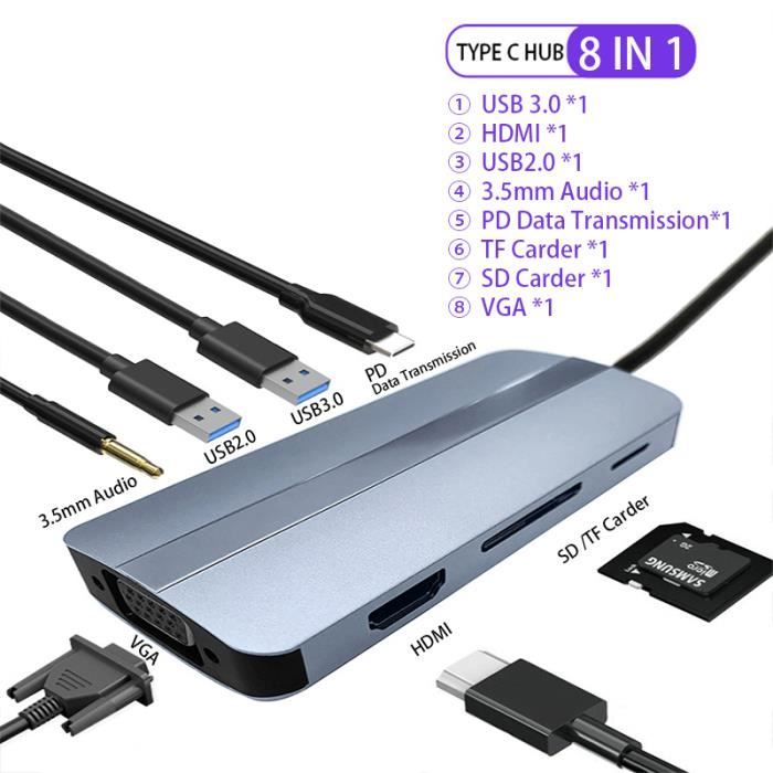 USB C 8 en 1 B - HUB USB C Type C adaptateur HDMI RJ45 VGA carte SD TF USB 3.0 PD Station ...