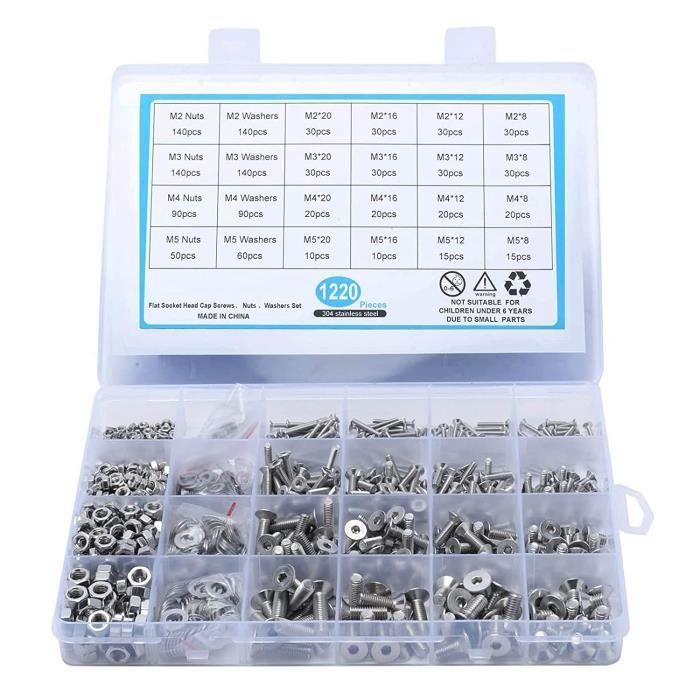 Lot de 1 220 écrous et boulons hexagonaux à tête plate M2 M3 M4 M5 en acier inoxydable 304 pour ...
