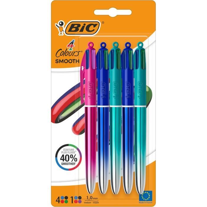Pack de Stylos-Billes - BIC - 4 Couleurs Smooth - Rétractables - Pointe ...