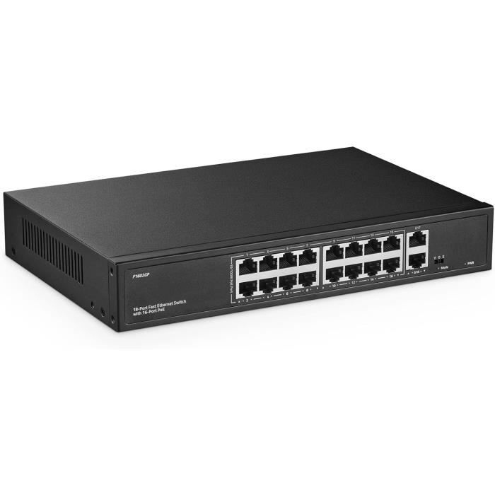 16 Port Poe Switch, 10-100Mbps Poe+ Ports, 2 Gigabit Ethernet Uplink, Ieee802.3Af-At, Max 200W ...