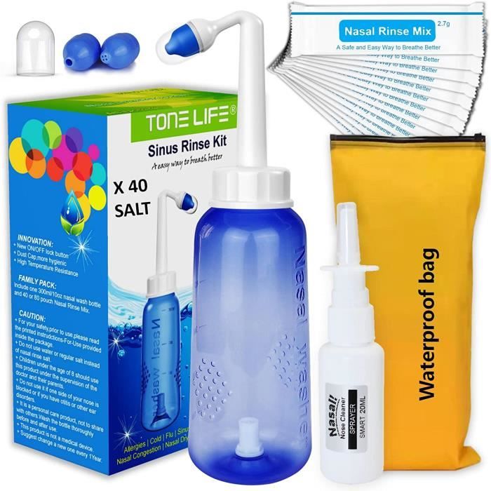 Neti Pot, kit de rinçage pour sinus+40 paquets de sel nasal ...