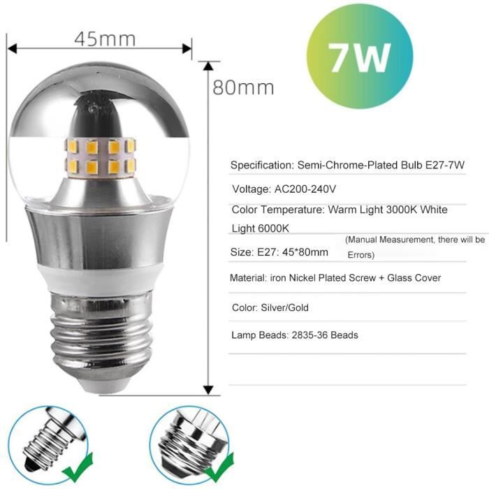 AMPOULE LED,E27 7W-Warm White--Ampoule LED en verre plaqué argent AC200 240, 5W 7W 9W ...