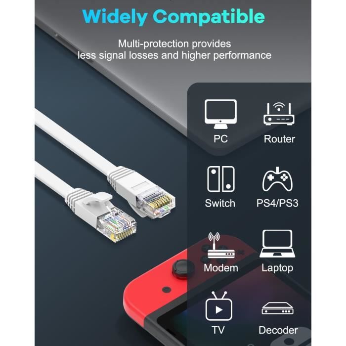 Câble Ethernet 30m Cat 6 Plat Câble de Réseau Haute Vitesse Gigabit ...