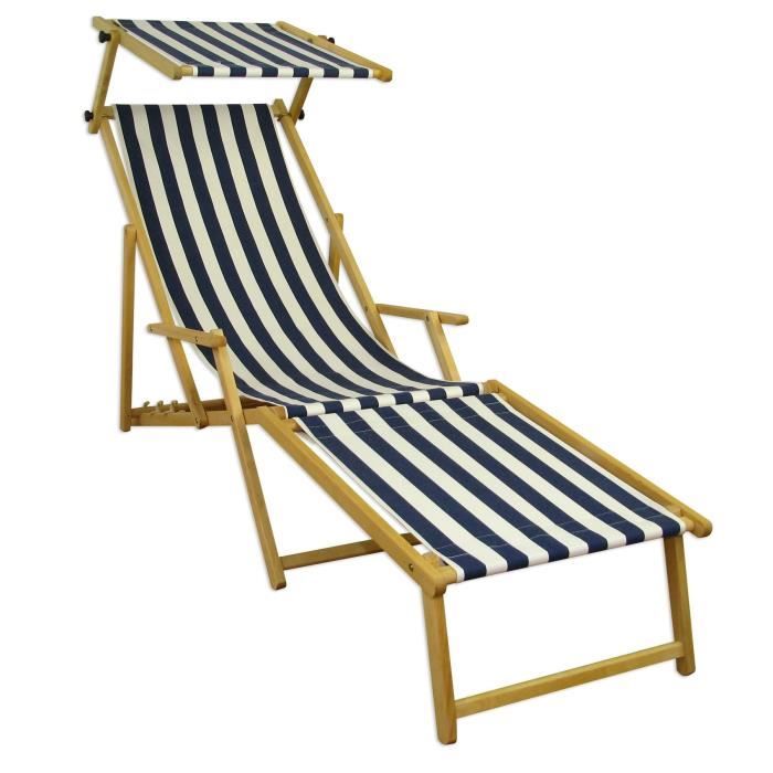 Chaise longue, bleu blanc rayé, chilienne, bain de soleil pliant, en bois naturel V-10-317N ...