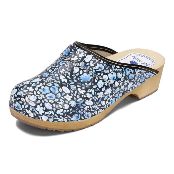 Sabots en cuir naturel pour femmes BeComfy - Bleu Fleurs - Tailles 35 ...