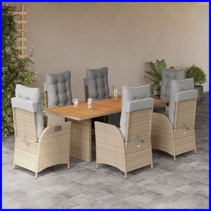 DXBK Ensemble à manger de jardin coussins 7 pcs mélange beige rotin ...