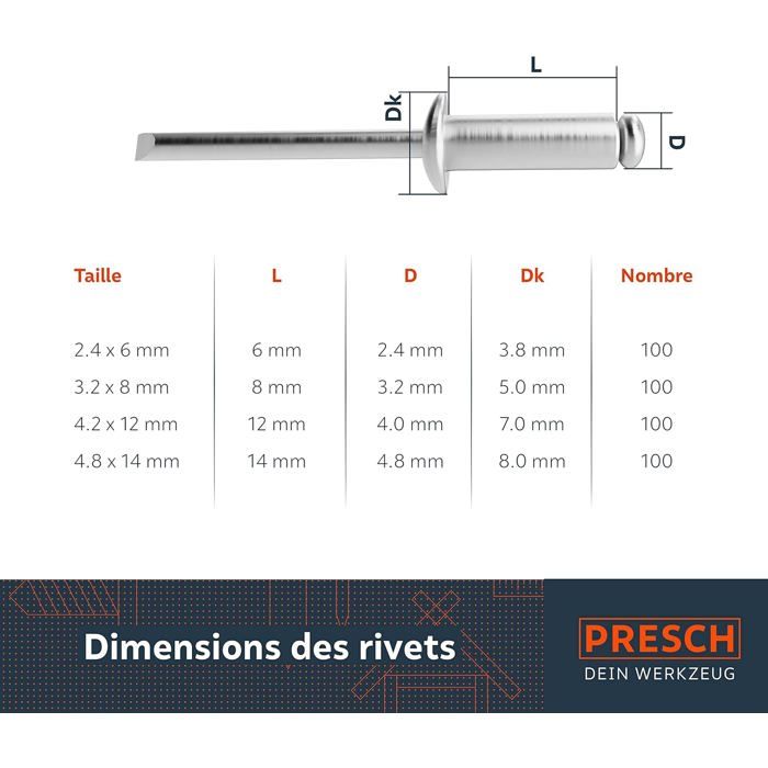 Presch Kit de Rivets aveugles 400 pièces - Jeu complet de rivet pop alm ...