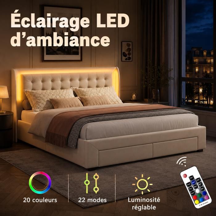 Lit coffre hydraulique 160x200 avec 2 tiroirs de rangement - Tête de ...