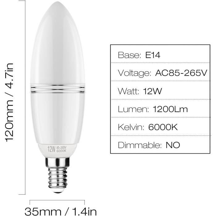 Ampoules Bougie À Led E14 12W, 100W Ampoule À Incandescence Équivalent, 6000K Blanc Froid ...