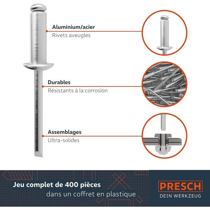 Presch Kit de Rivets aveugles 400 pièces - Jeu complet de rivet pop alm ...