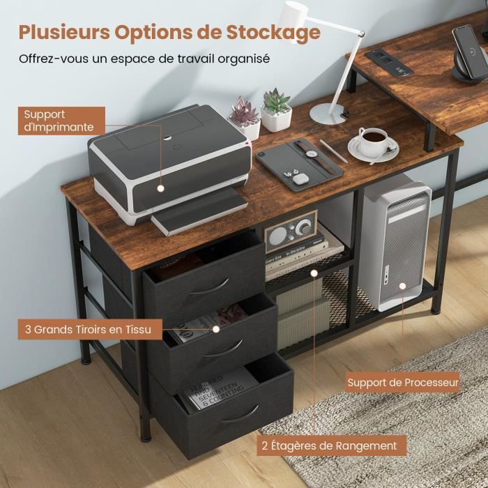 COSTWAY Bureau d'Angle Convertible avec Prise de Courant, 3 Tiroirs en ...