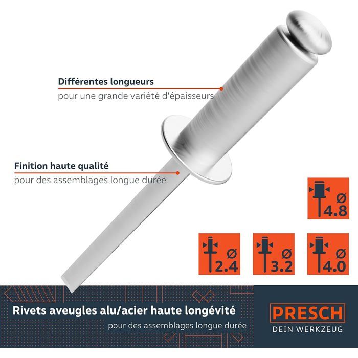 Presch Kit de Rivets aveugles 400 pièces - Jeu complet de rivet pop alm ...
