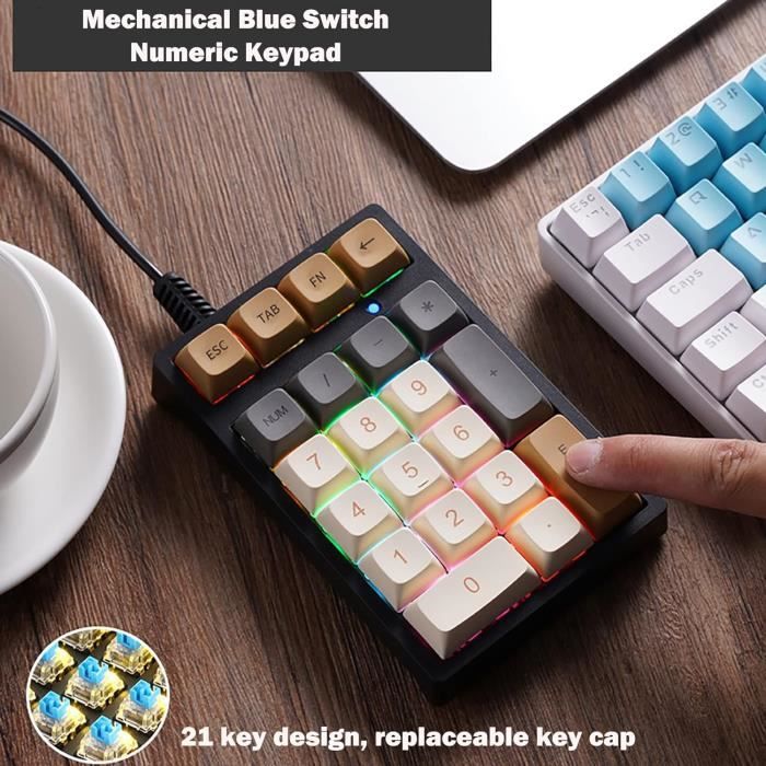 Pavé Numérique Mécanique Usb Mini Filaire 21 Touches Bleu Commutateur ...